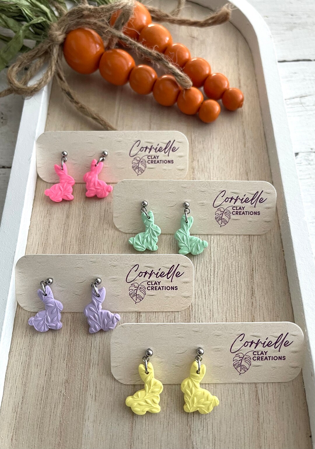 Easter Spring Leaf Imprinted Bunny Dangle Polymer Clay Earrings - Etsy