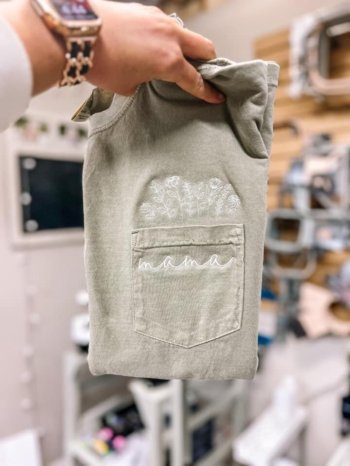 Custom Mama Flower Pocket T-shirt Comfort Colors Mama on Pocket ...