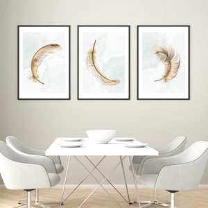Gold Feather Wall Art, Set of 3 Prints, Minimalist Decor, Fine Graphic ...