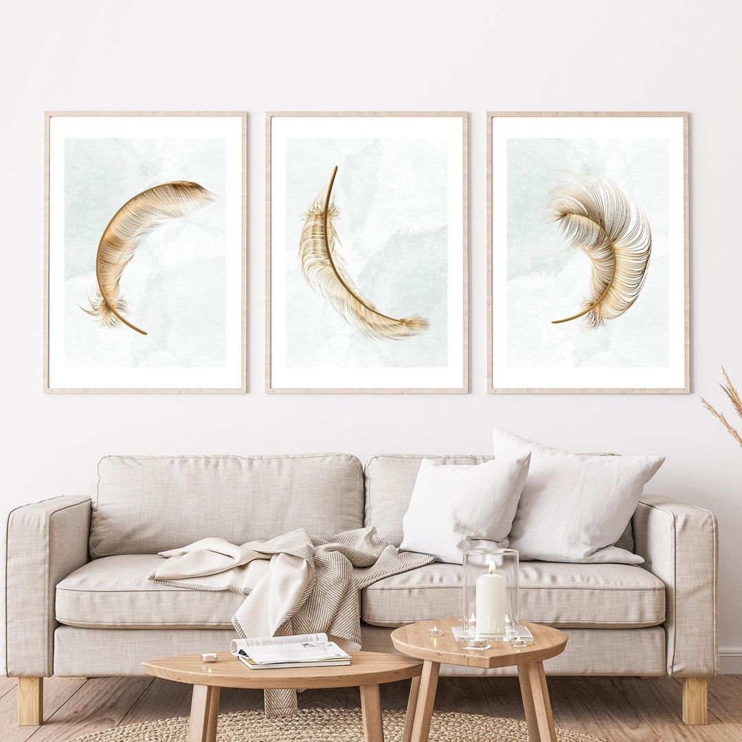 Gold Feather Wall Art, Set of 3 Prints, Minimalist Decor, Fine Graphic ...