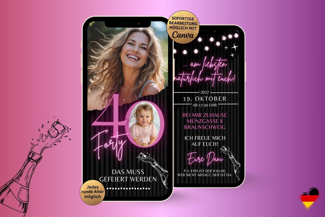 Neon Pink Birthday Party Invitation | Digital Invitation Card for 20th ...