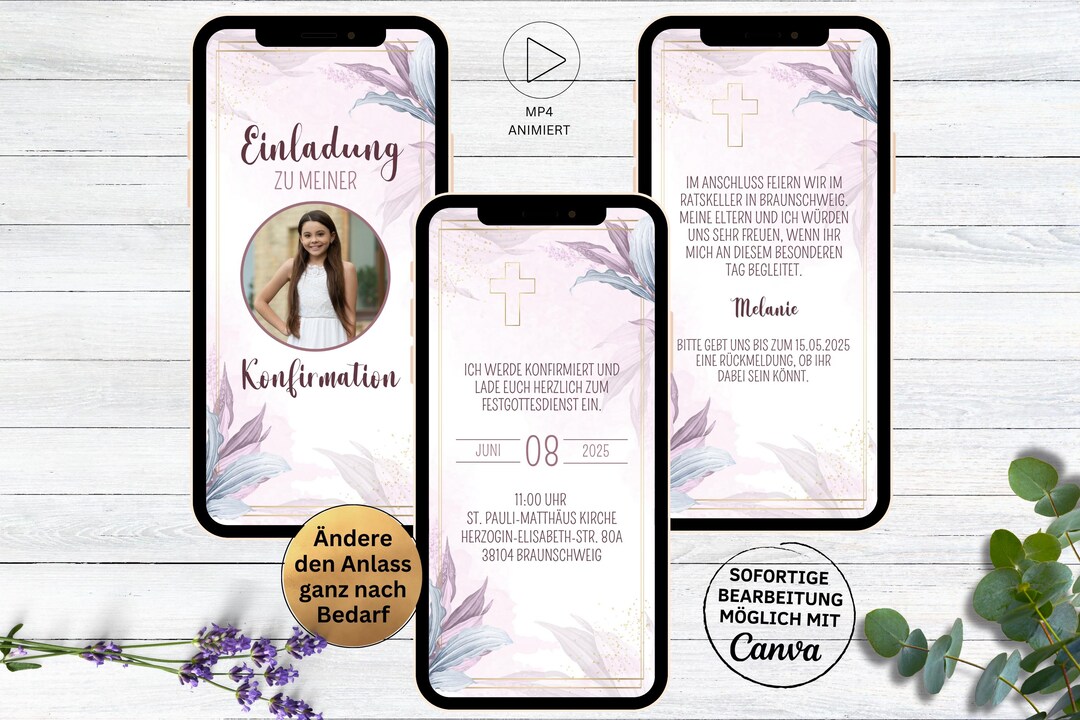 Digital Invitation Card for Confirmation Cross Leaves | Holy Communion ...