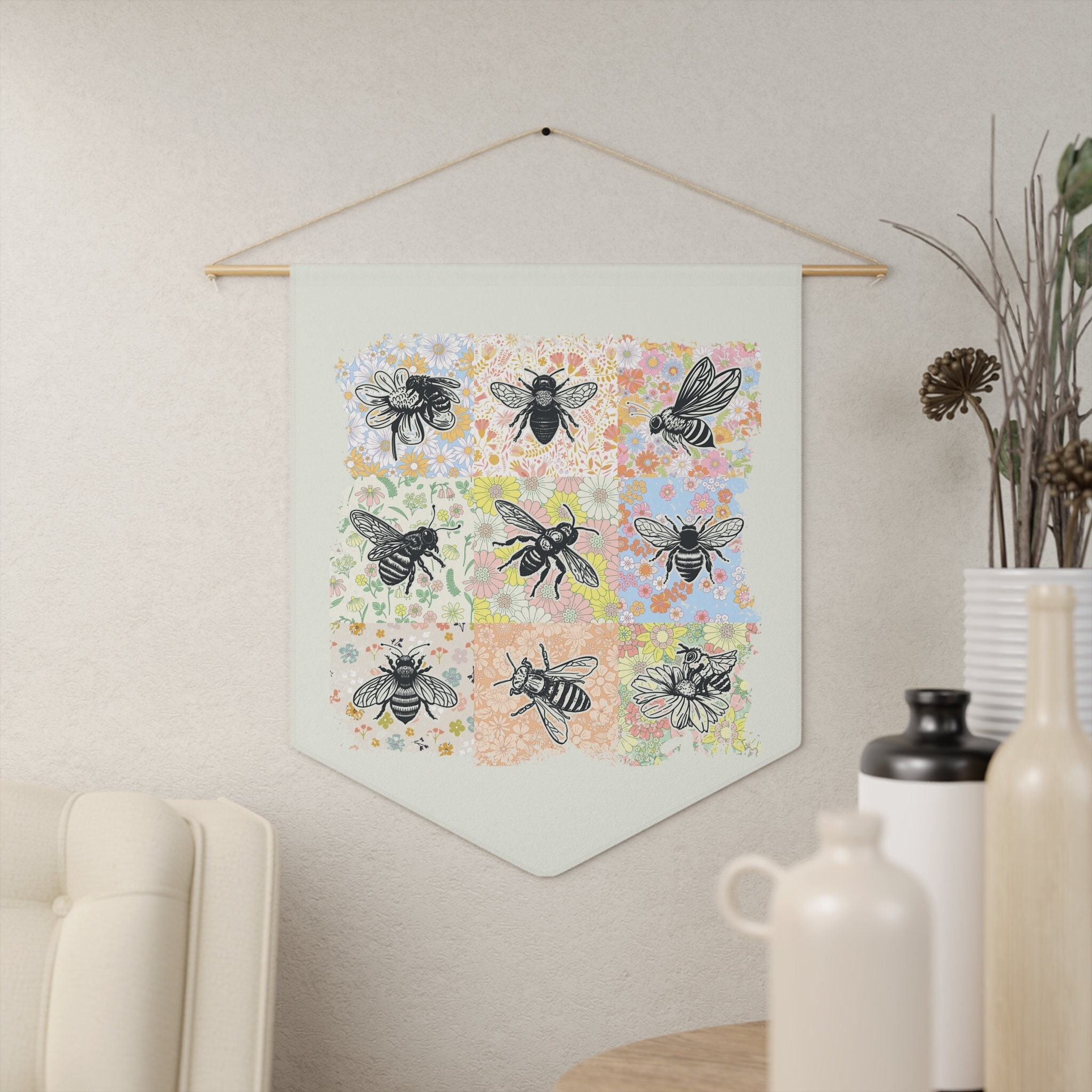 Boho Bee Pennant, Flower Quilt Aesthetic Bee Flag, Cottagecore Style ...