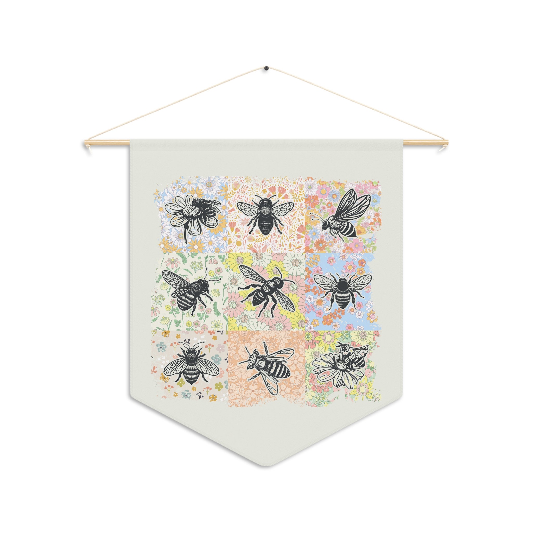 Boho Bee Pennant, Flower Quilt Aesthetic Bee Flag, Cottagecore Style ...