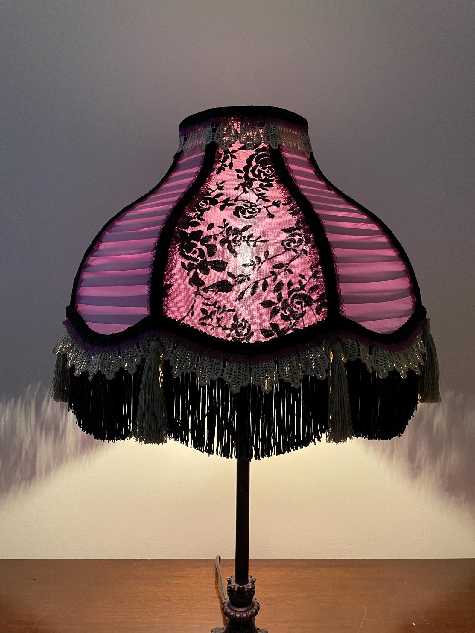Handmade Burlesque Fringe Lampshade – Plum Satin, Gold Accents & Sheer ...