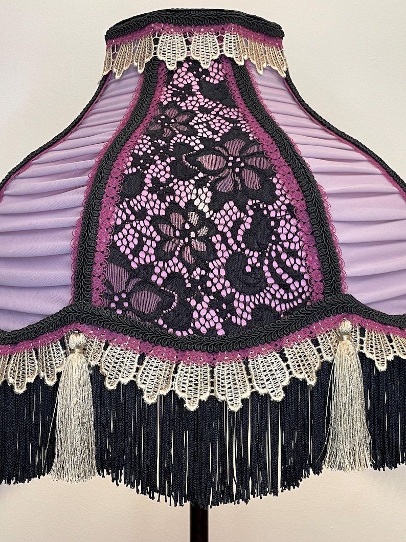 Handmade Burlesque Fringe Lampshade – Plum Satin, Gold Accents & Sheer ...