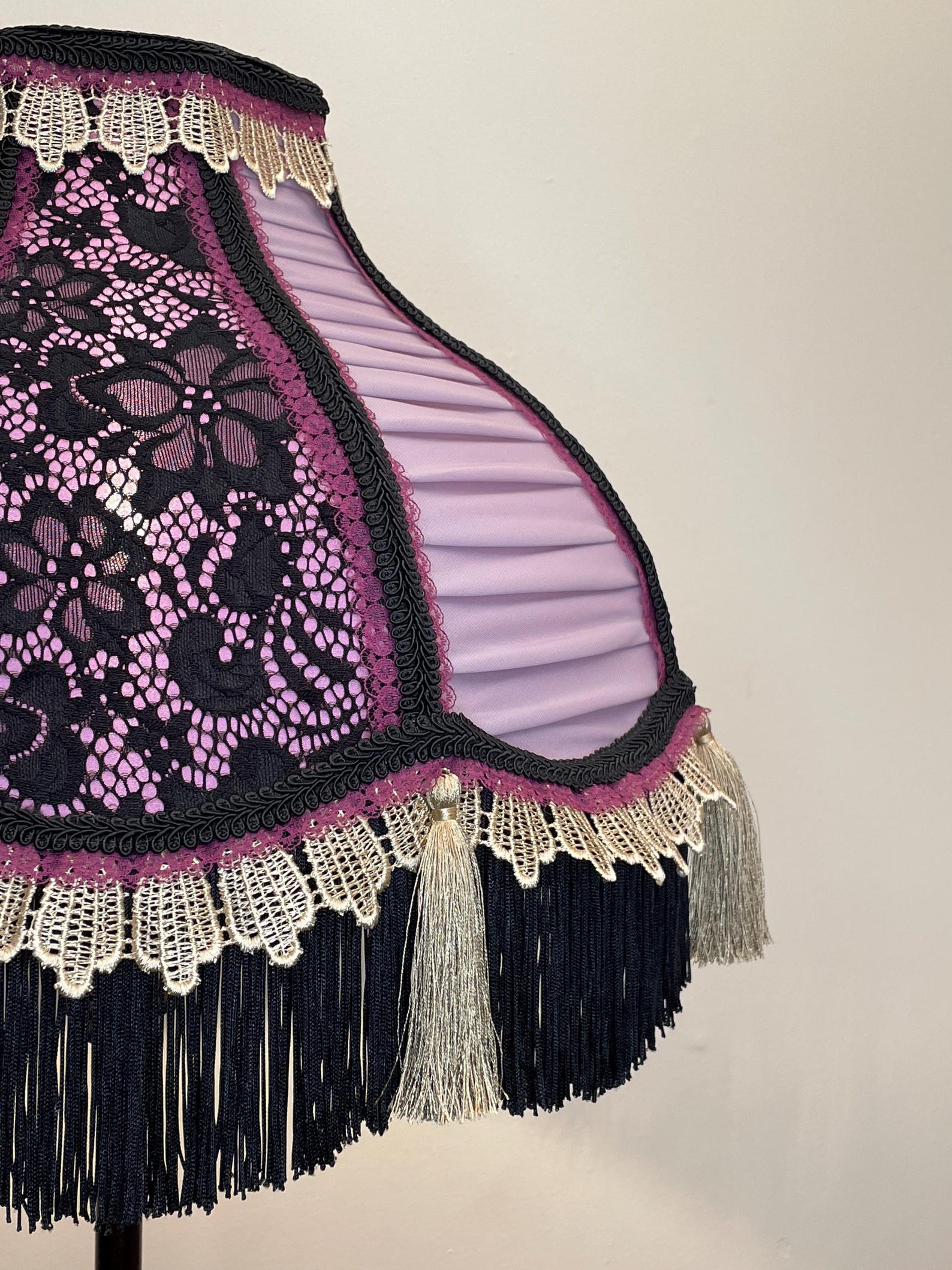 Handmade Burlesque Fringe Lampshade – Plum Satin, Gold Accents & Sheer ...