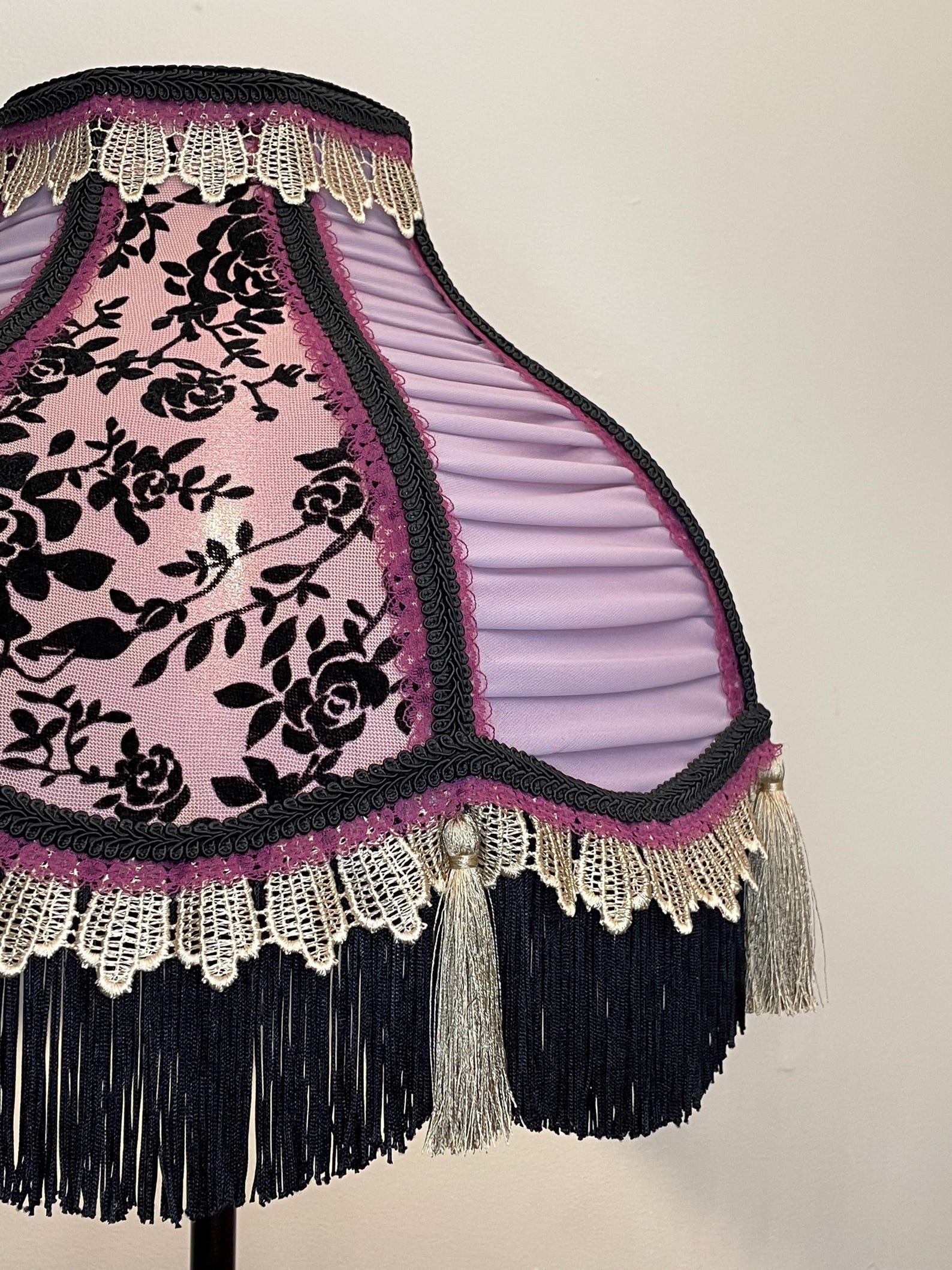 Handmade Burlesque Fringe Lampshade – Plum Satin, Gold Accents & Sheer ...