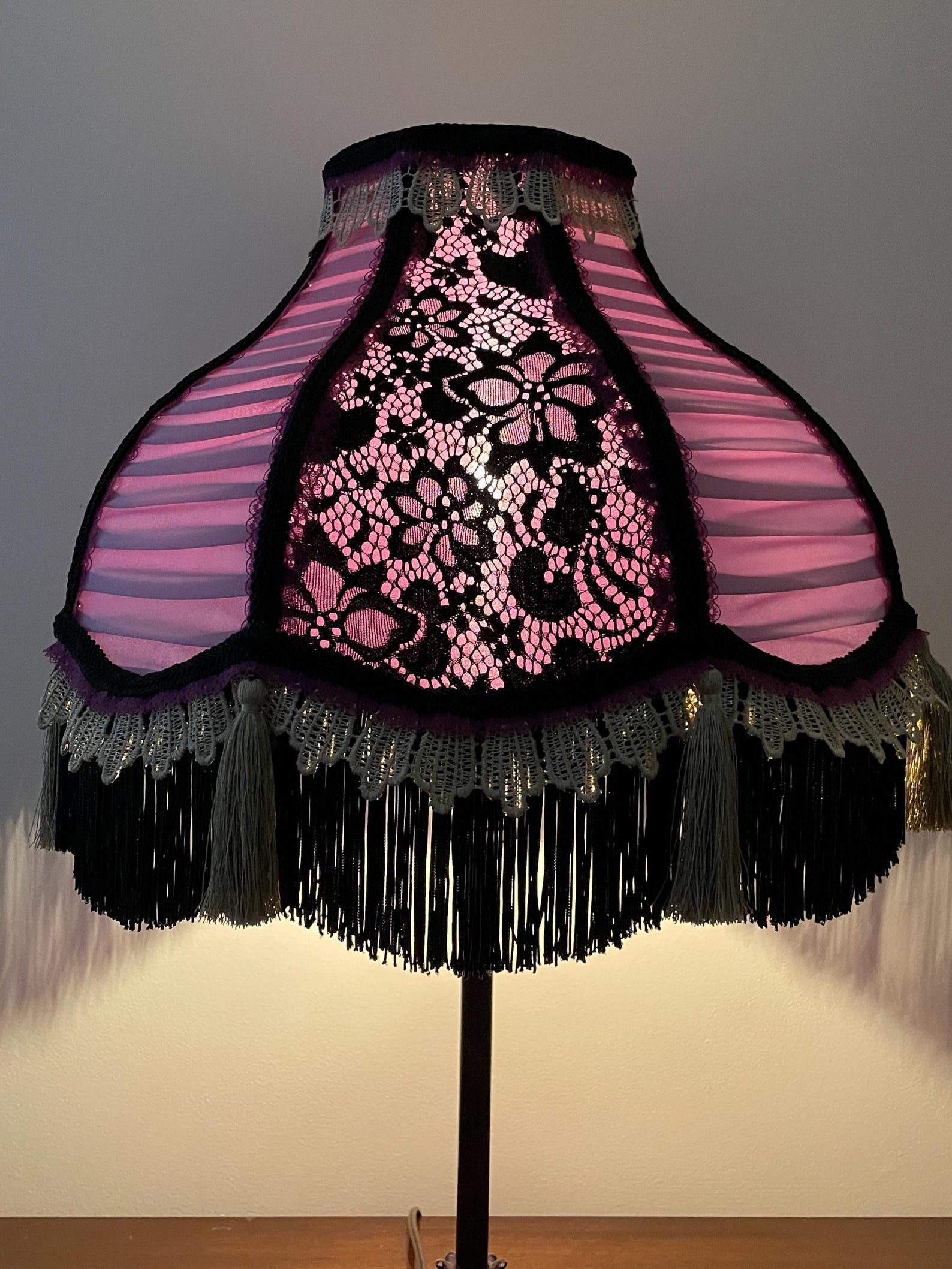 Handmade Burlesque Fringe Lampshade – Plum Satin, Gold Accents & Sheer ...