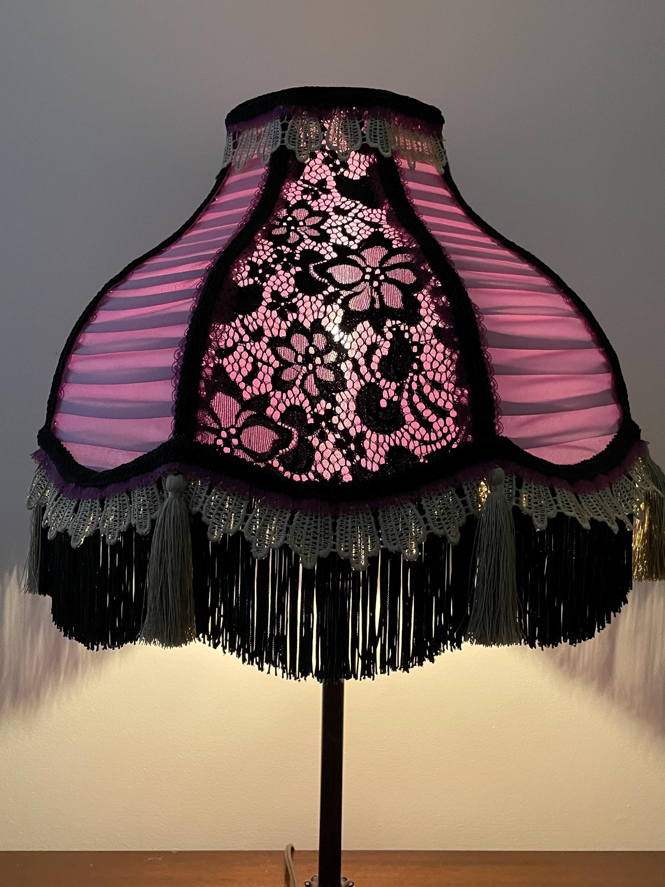 Handmade Burlesque Fringe Lampshade – Plum Satin, Gold Accents & Sheer ...