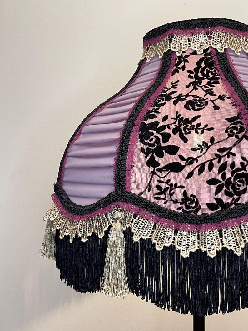 Handmade Burlesque Fringe Lampshade – Plum Satin, Gold Accents & Sheer ...