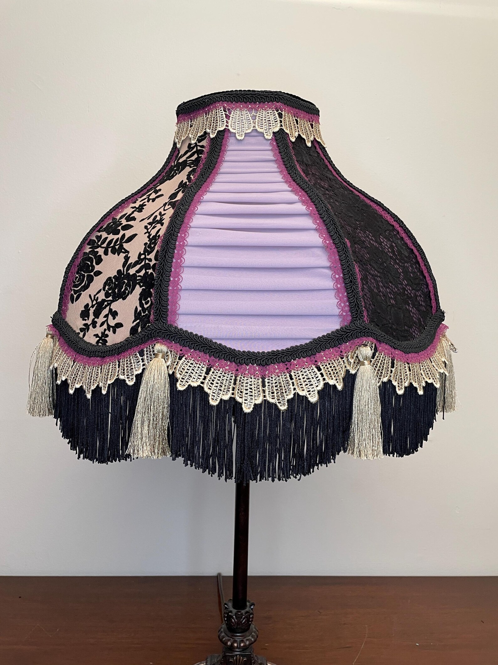 Handmade Burlesque Fringe Lampshade – Plum Satin, Gold Accents & Sheer ...