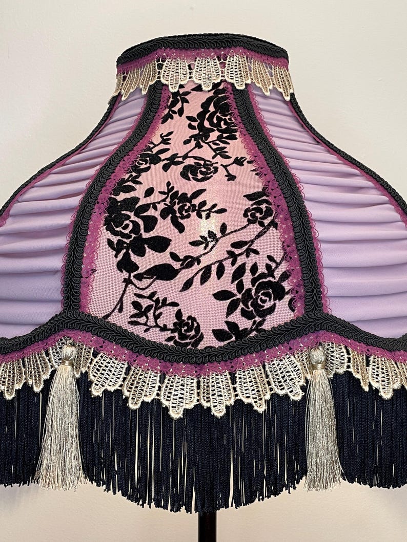 Handmade Burlesque Fringe Lampshade – Plum Satin, Gold Accents & Sheer ...