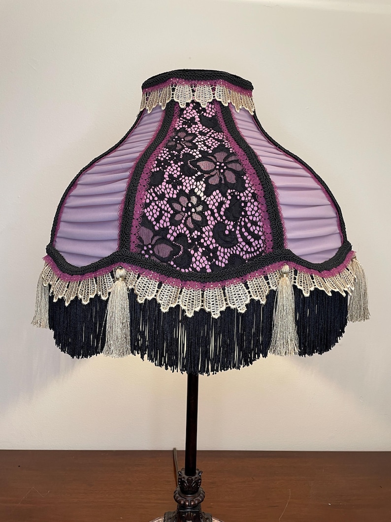 Handmade Burlesque Fringe Lampshade – Plum Satin, Gold Accents & Sheer ...
