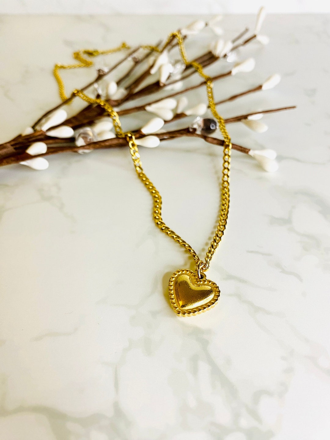 Gold Puffy Heart Necklace, Chunky Heart Charm, Puffed Heart Pendant on ...