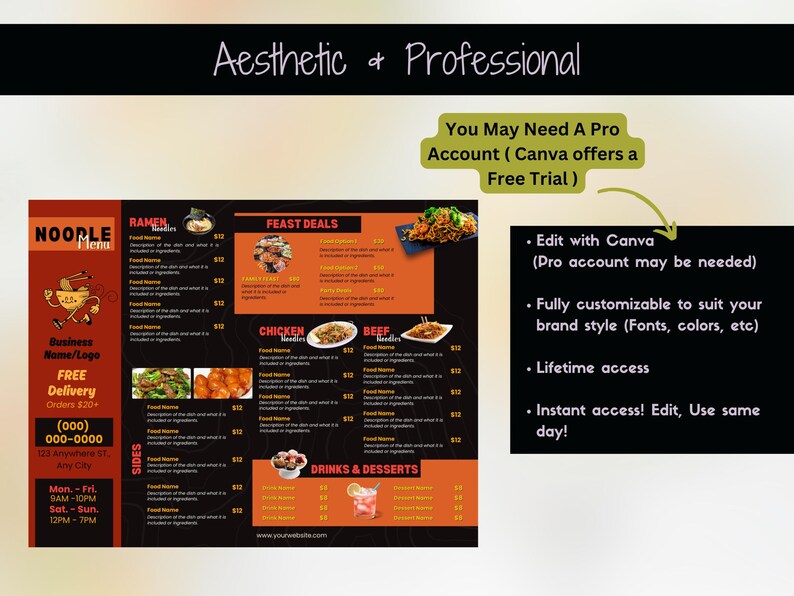 Printable Noodle Menu Template Editable Food Menu Template Restaurant ...