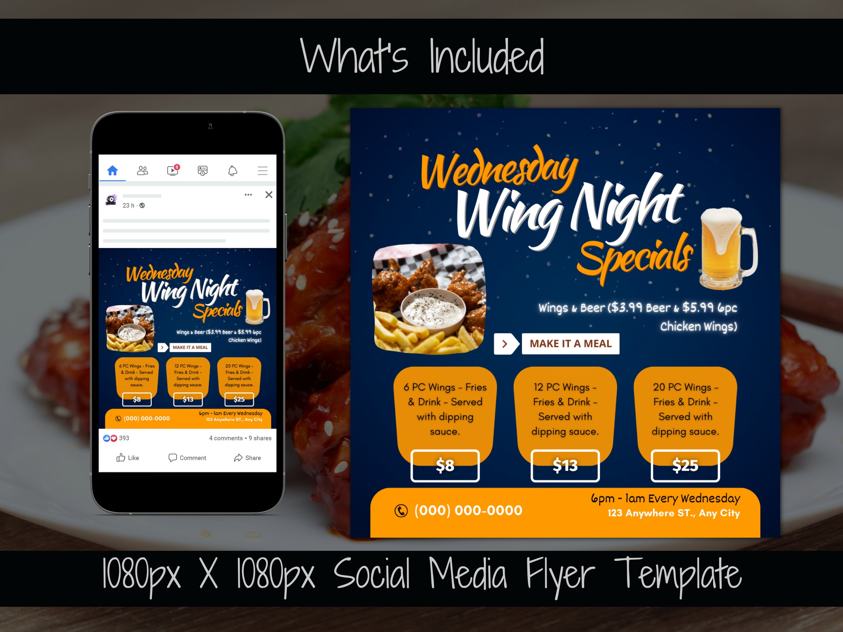 Wing Night Specials Editable Social Media Flyer Template Bar and Grill ...