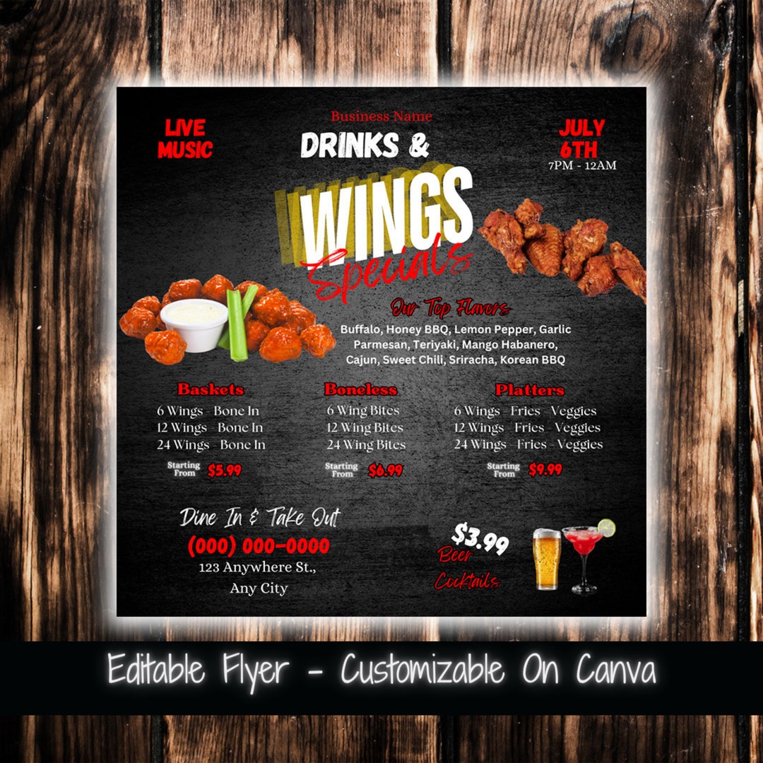 Drinks and Wings Specials Social Media Flyer Template Restaurant Food ...