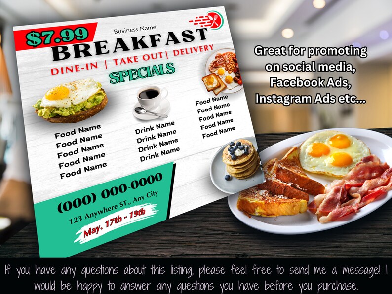 Breakfast Specials Marketing Social Media Flyer Template Editable ...