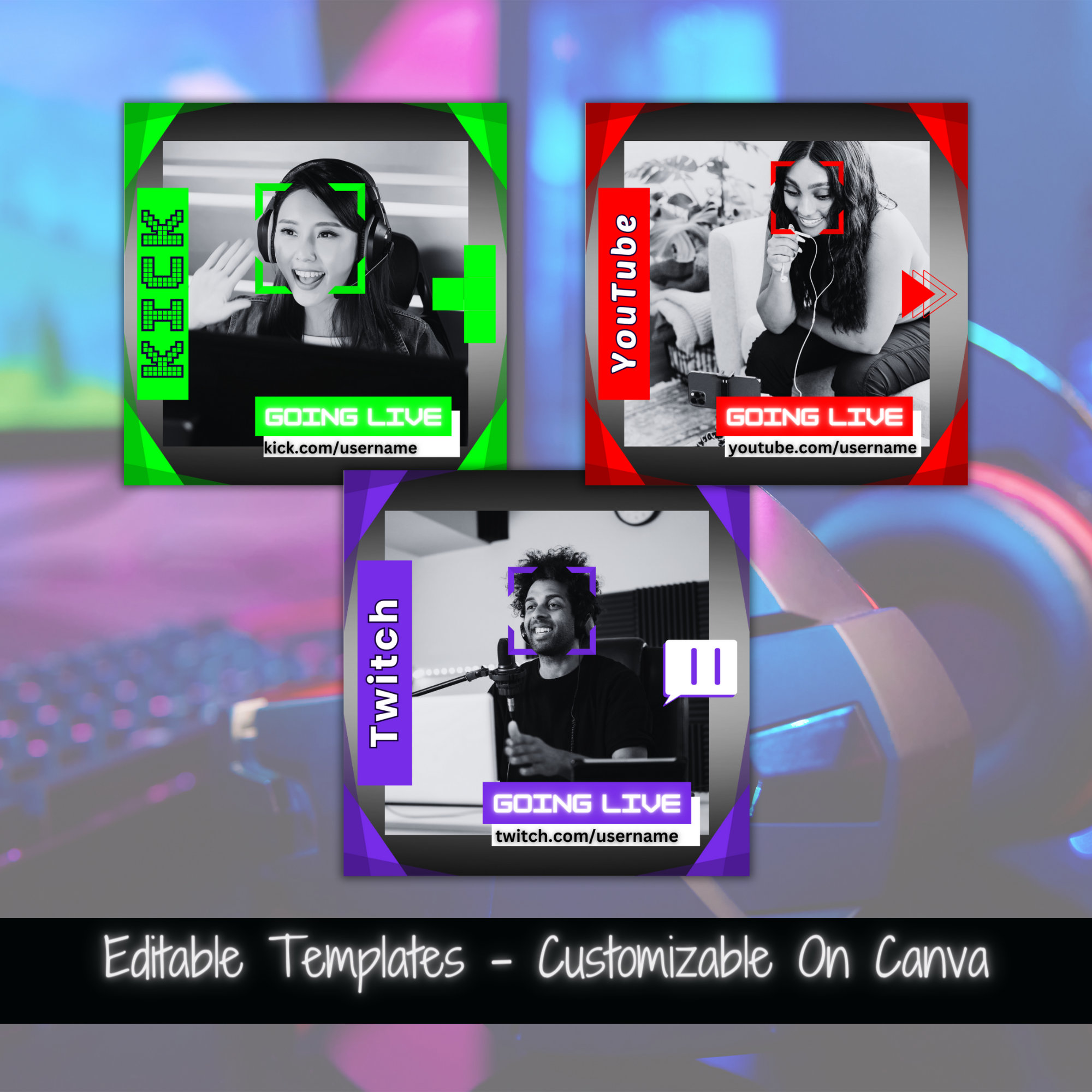 Going Live Social Media Post Templates: Twitch, Youtube, Kick (editable ...