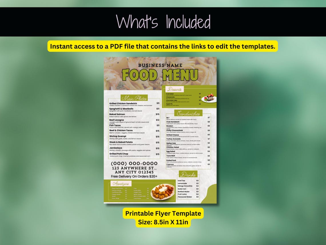 Printable Food Menu Template | Restaurant Flyer (editable Canva) - Etsy