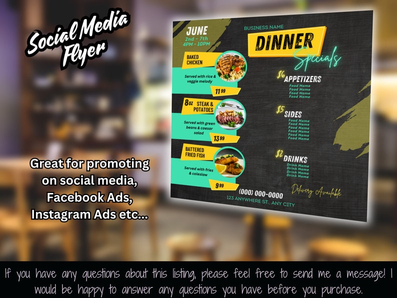 Dinner Specials Flyer Templates Printable Flyer Social Media Dinner ...