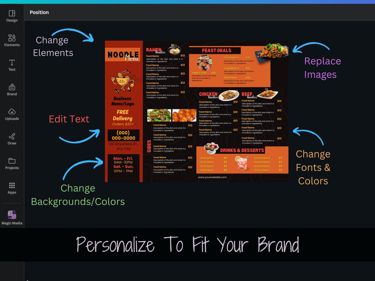 Printable Noodle Menu Template Editable Food Menu Template Restaurant ...