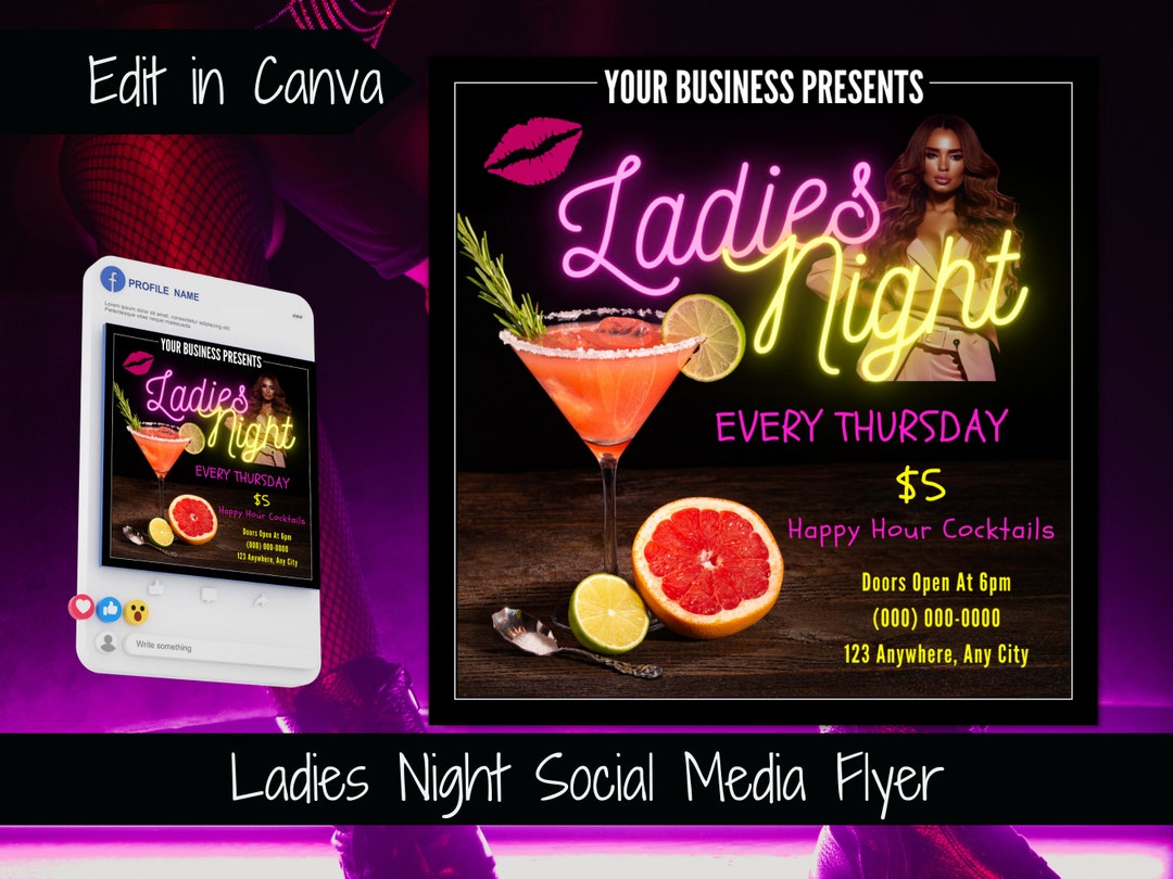 Ladies Night Flyer Template Night Club Drinks Specials Flyer Bar ...