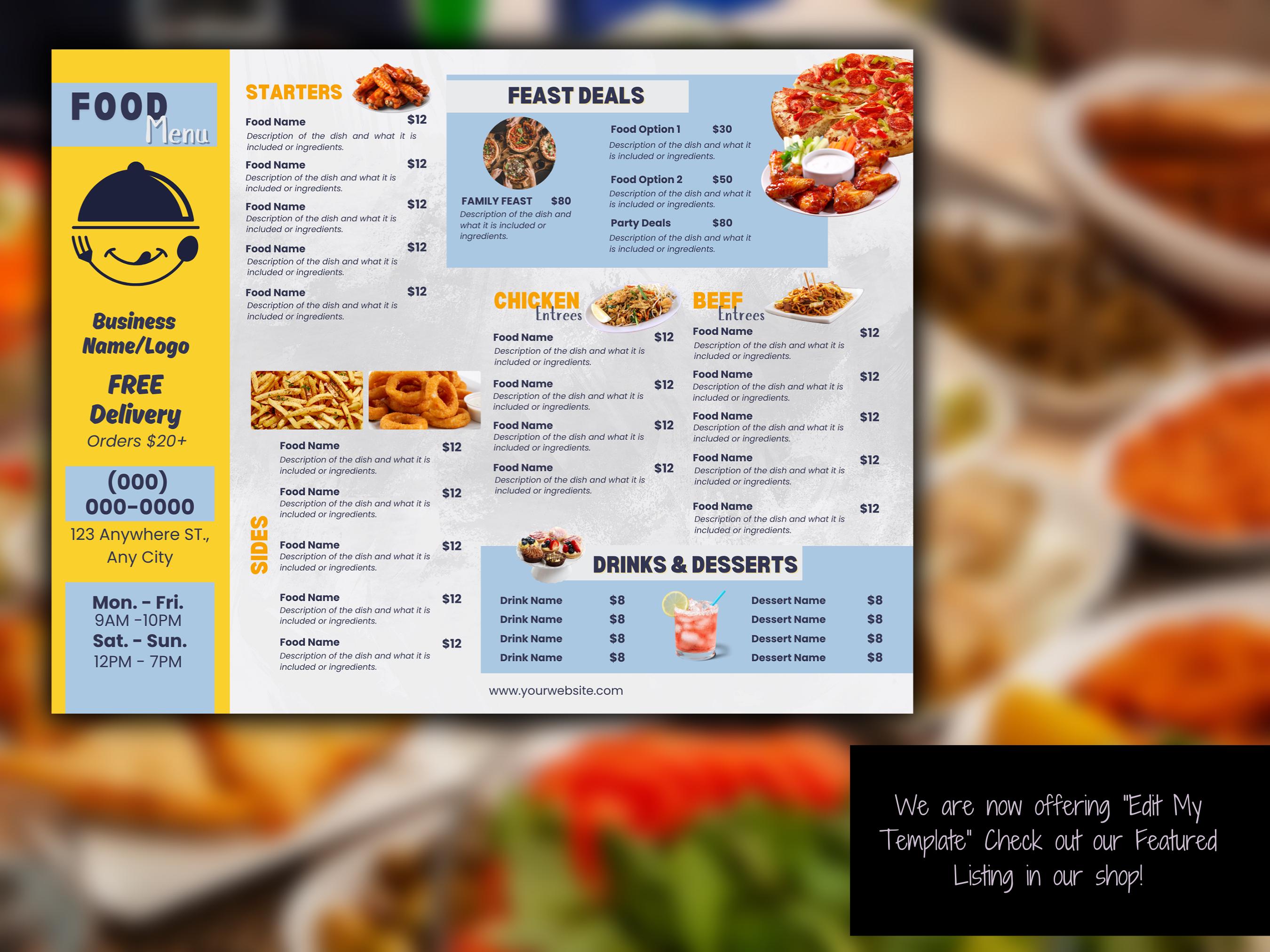 Printable Food Menu Template, Editable Restaurant Pricelist (11x8.5in ...
