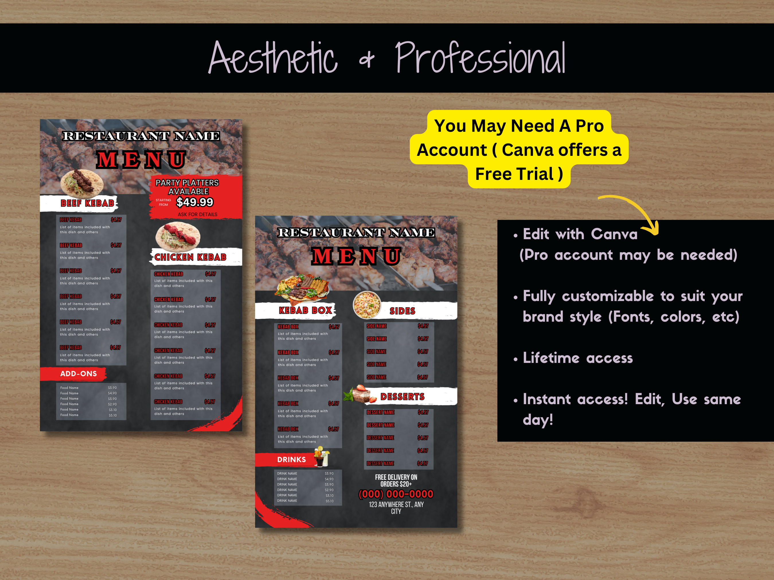 Printable Double Sided Food Menu Editable Food Menu Template Kebab Menu ...