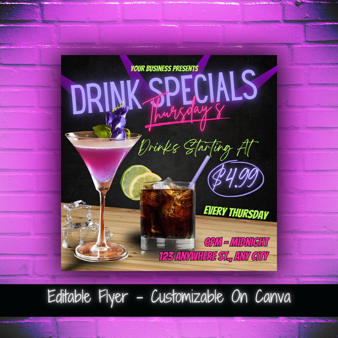 Drink Specials Flyer Template, Bar Promotion (canva Editable) - Etsy