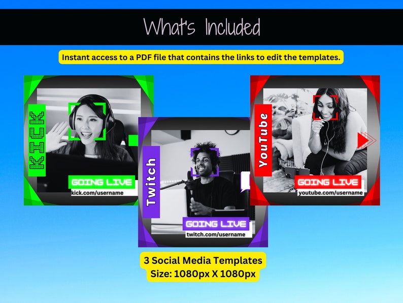 Going Live Social Media Post Templates: Twitch, Youtube, Kick (editable ...