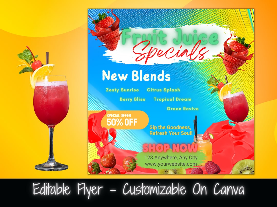 Fresh Juice Flyer Template Juice Bar Flyer Editable Social Media Flyer ...