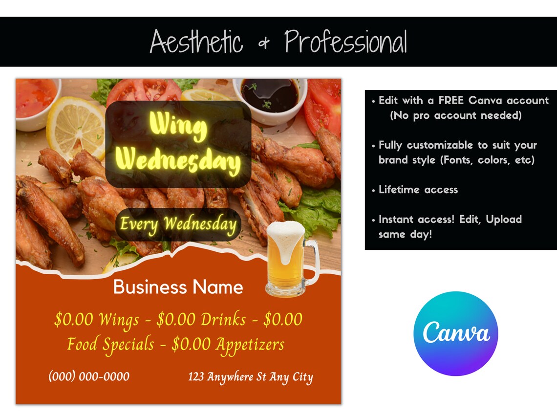 Wing Wednesday Social Media Flyer Bar and Grill Flyer Wing - Etsy