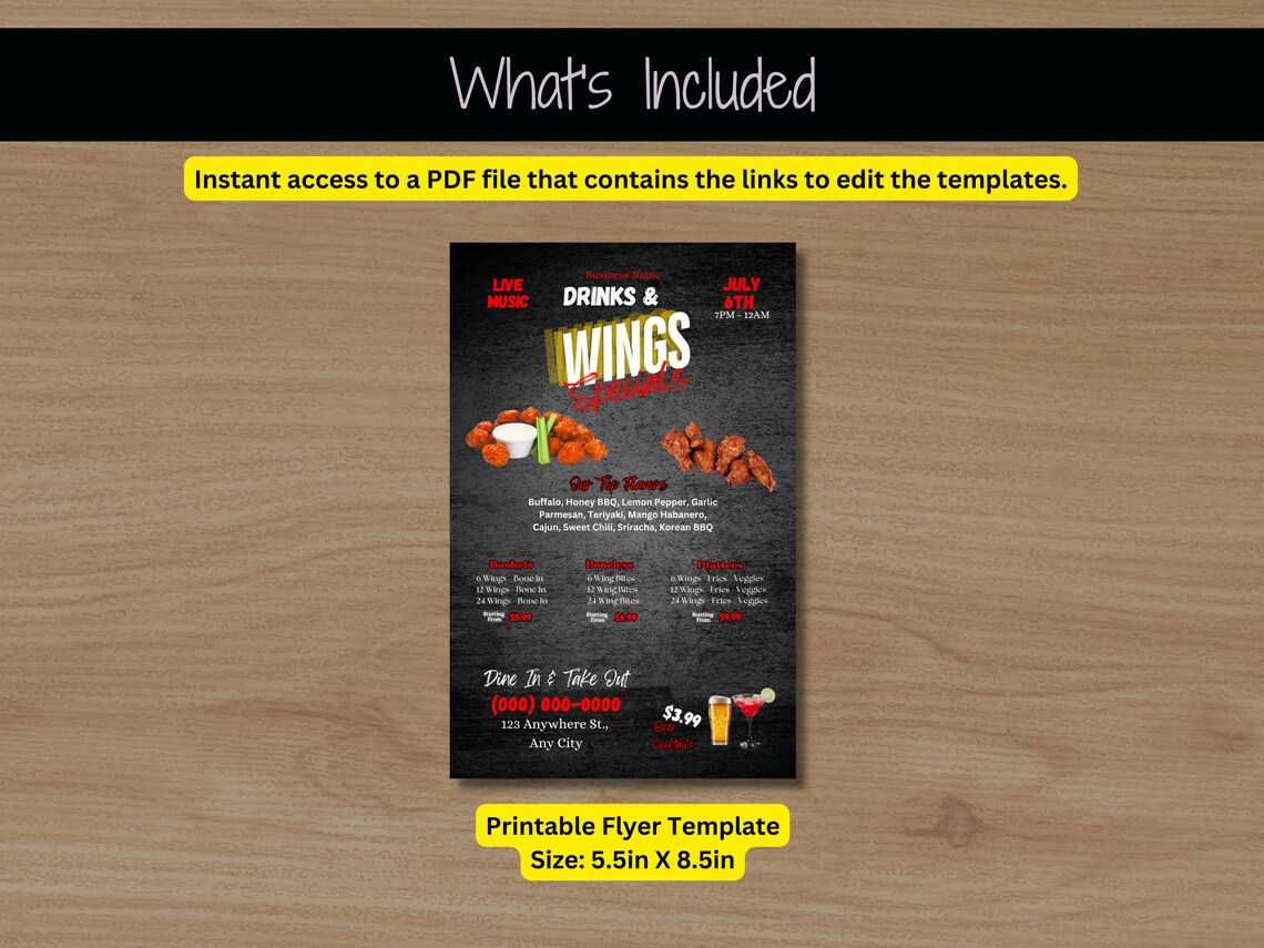 Drinks and Wings Specials Printable Flyer Template Restaurant Food ...