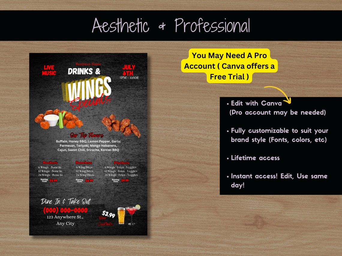 Drinks and Wings Specials Printable Flyer Template Restaurant Food ...