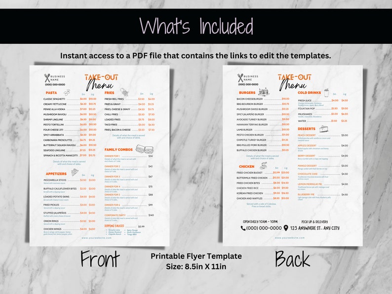 Take Out Menu Template Printable Double Side Food Menu Price List ...