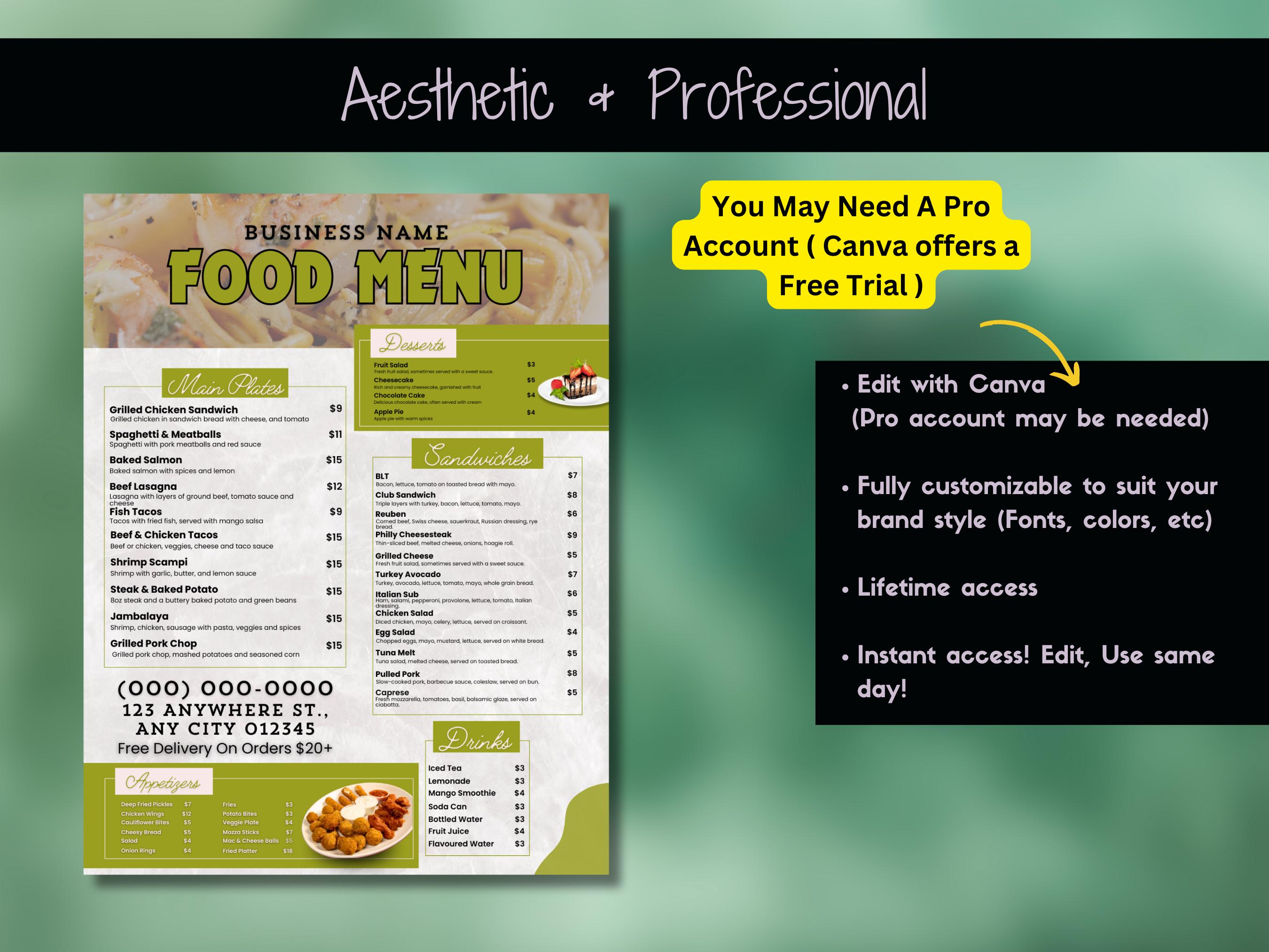 Printable Food Menu Template | Restaurant Flyer (editable Canva) - Etsy
