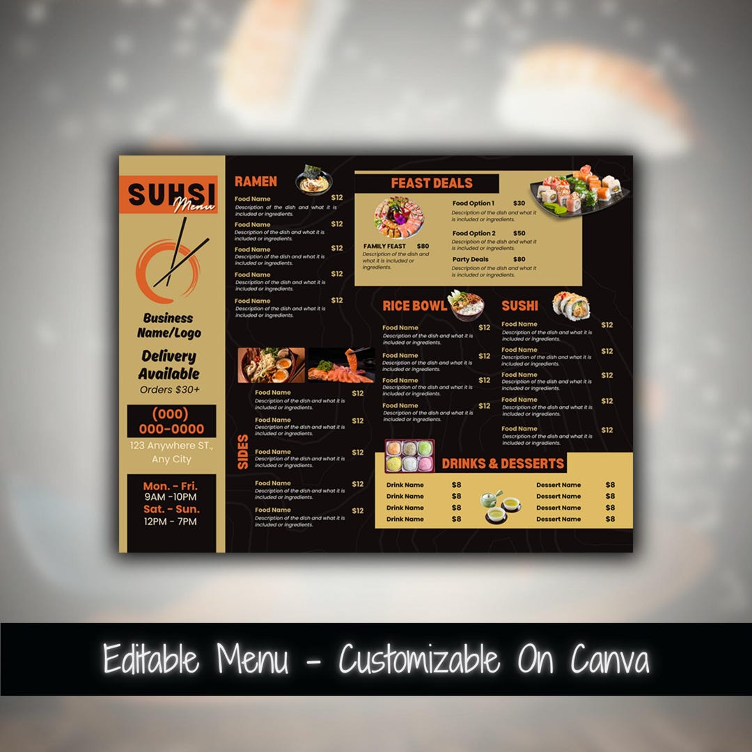 Printable Sushi Menu Template Editable Food Menu Template Restaurant ...