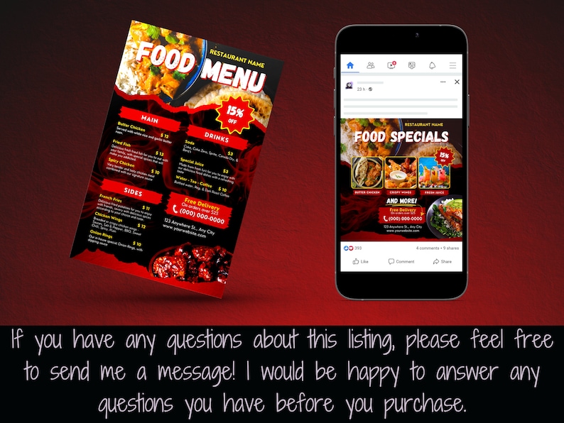 Printable Food Menu Flyer Template Social Media Food Specials Flyer ...