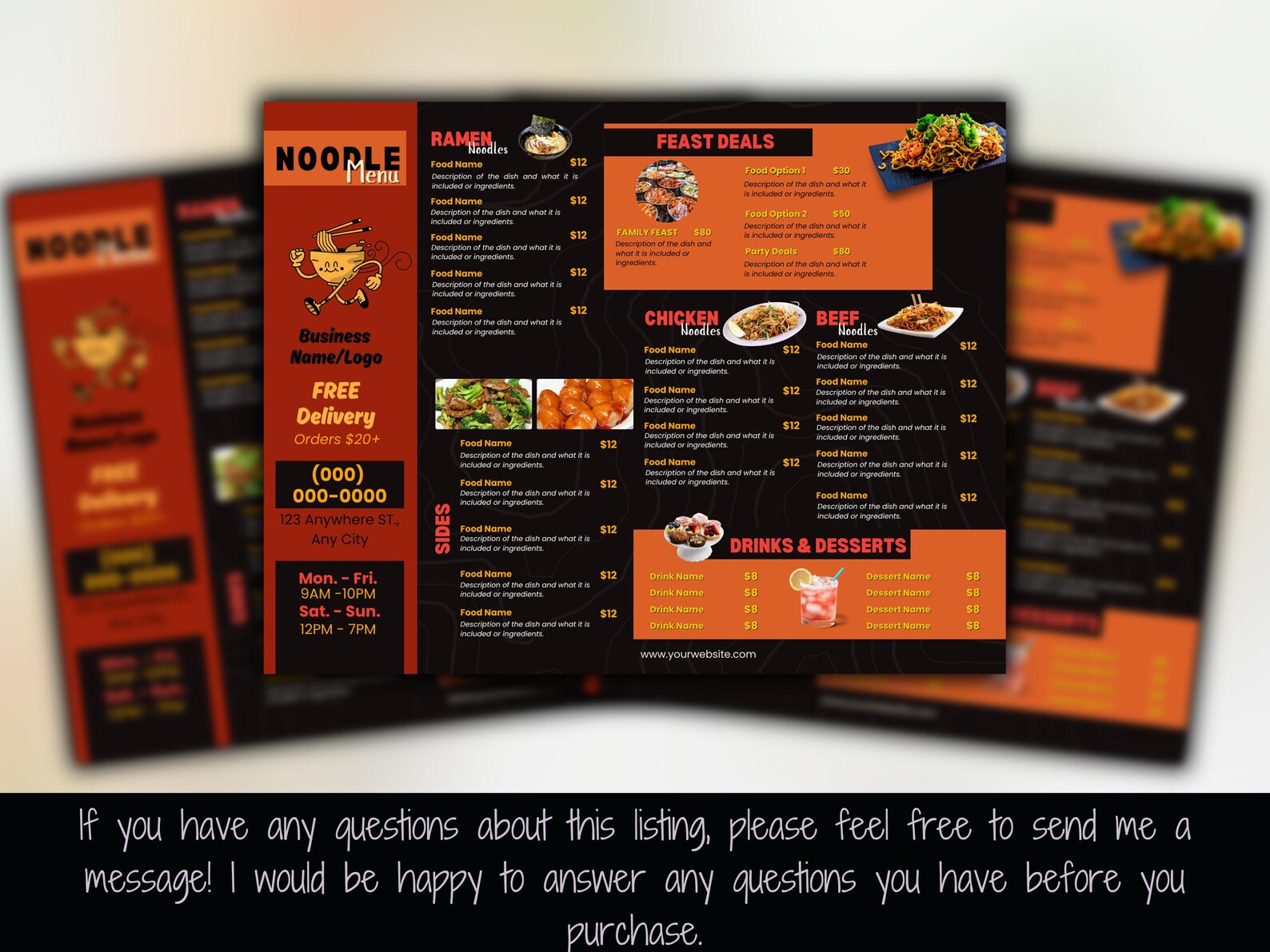 Printable Noodle Menu Template Editable Food Menu Template Restaurant ...