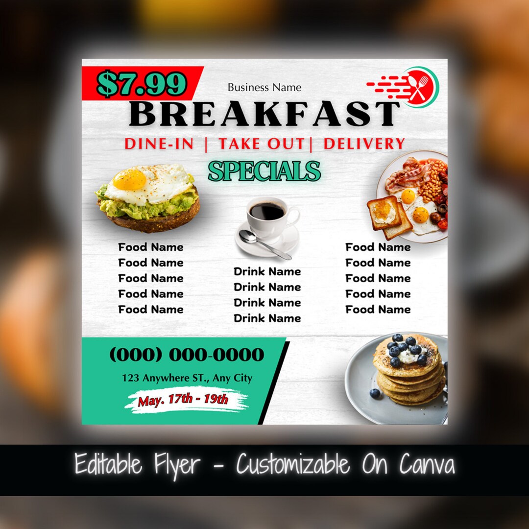 Breakfast Specials Marketing Social Media Flyer Template Editable ...