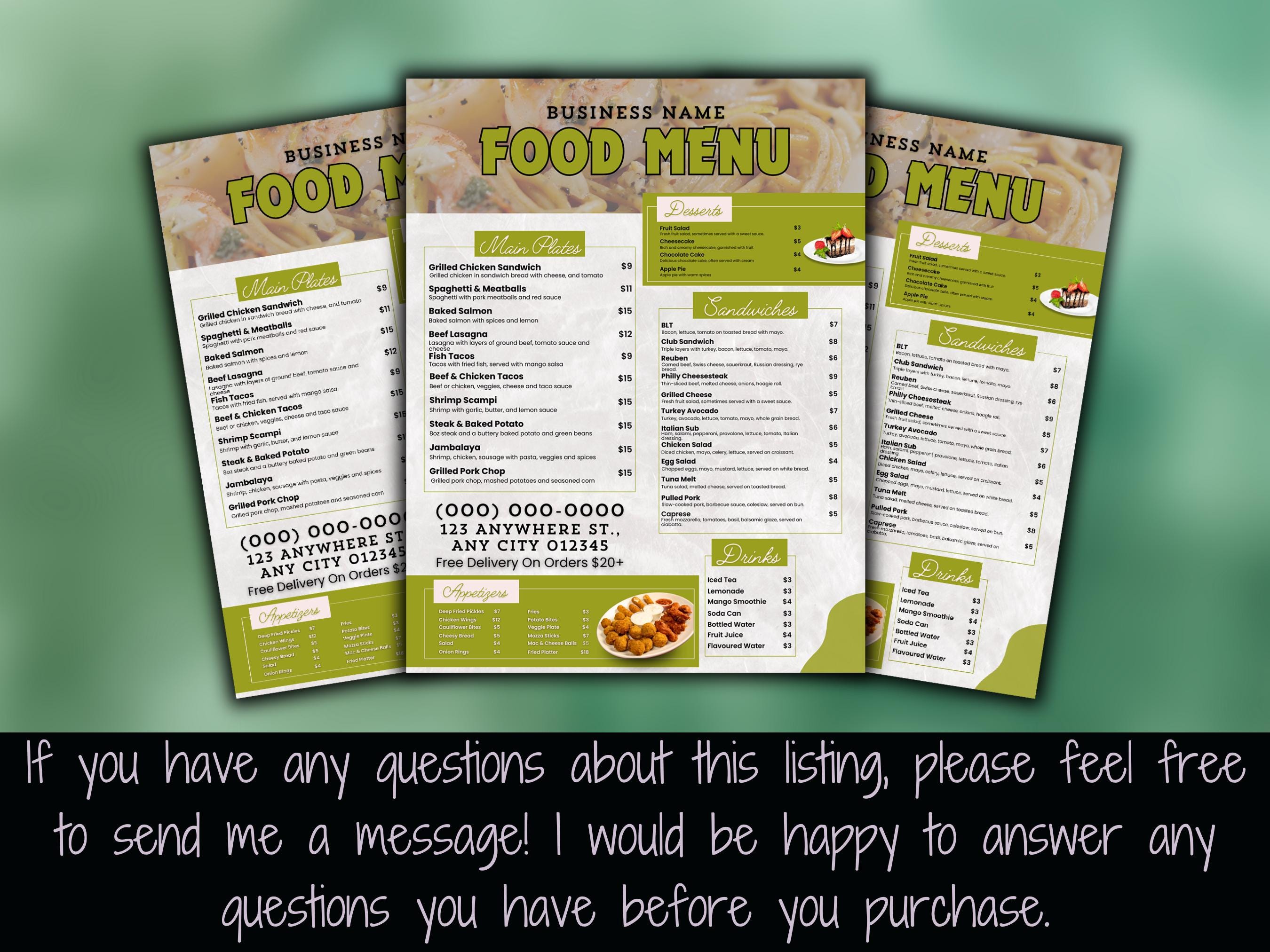 Printable Food Menu Template Restaurant Menu Flyer Food Menu Price List ...
