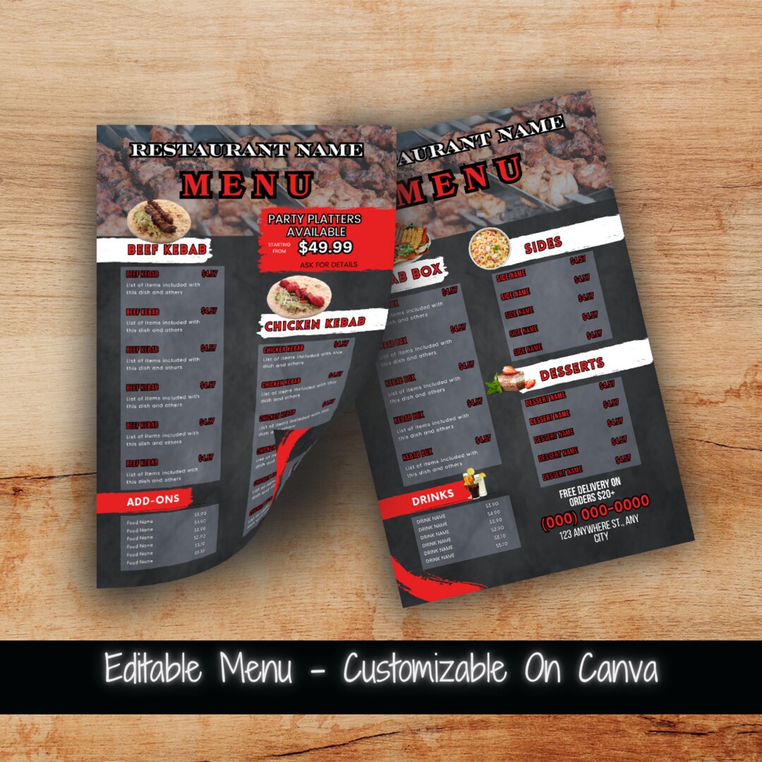 Printable Double Sided Food Menu Editable Food Menu Template Kebab Menu ...