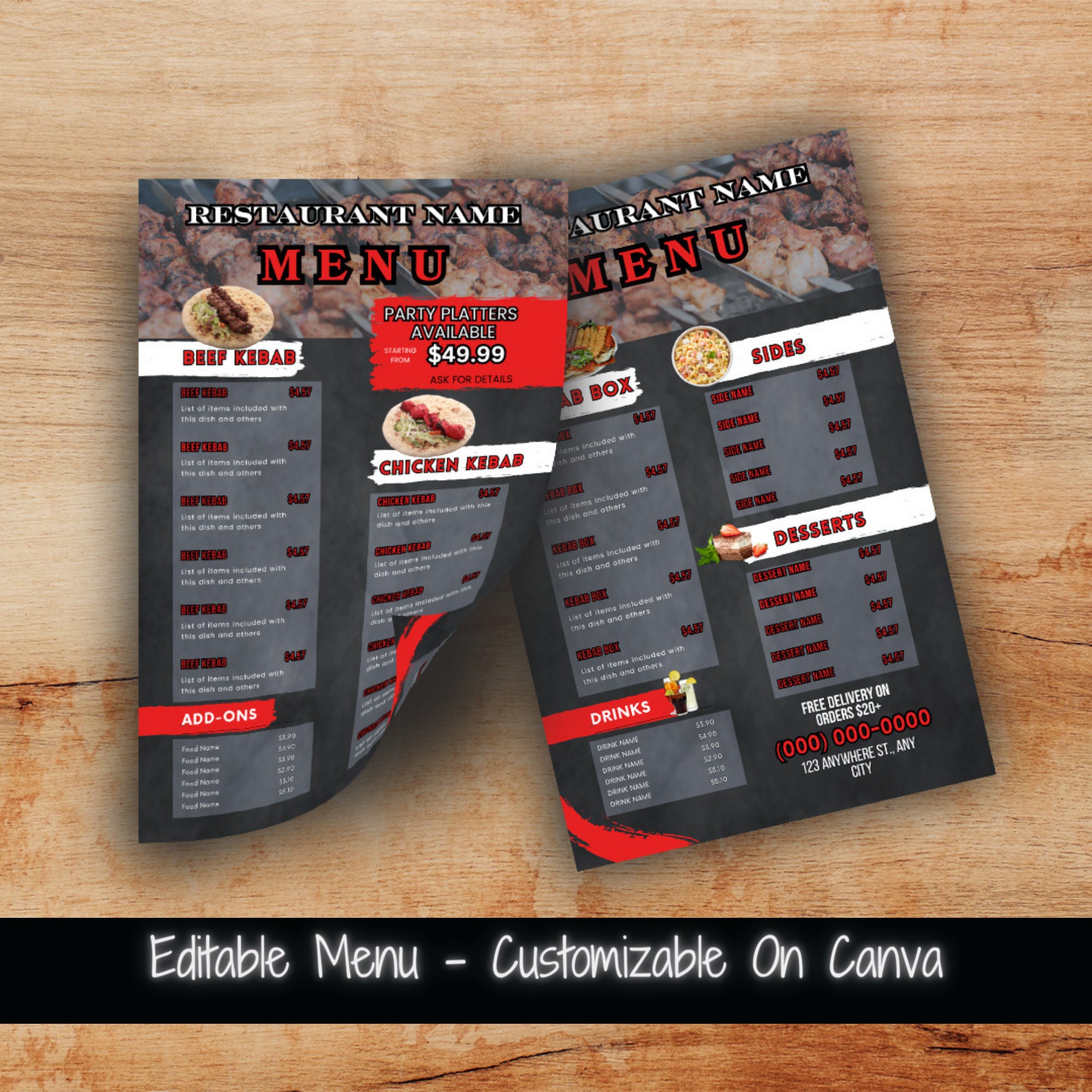 Printable Double Sided Food Menu Editable Food Menu Template Kebab Menu ...