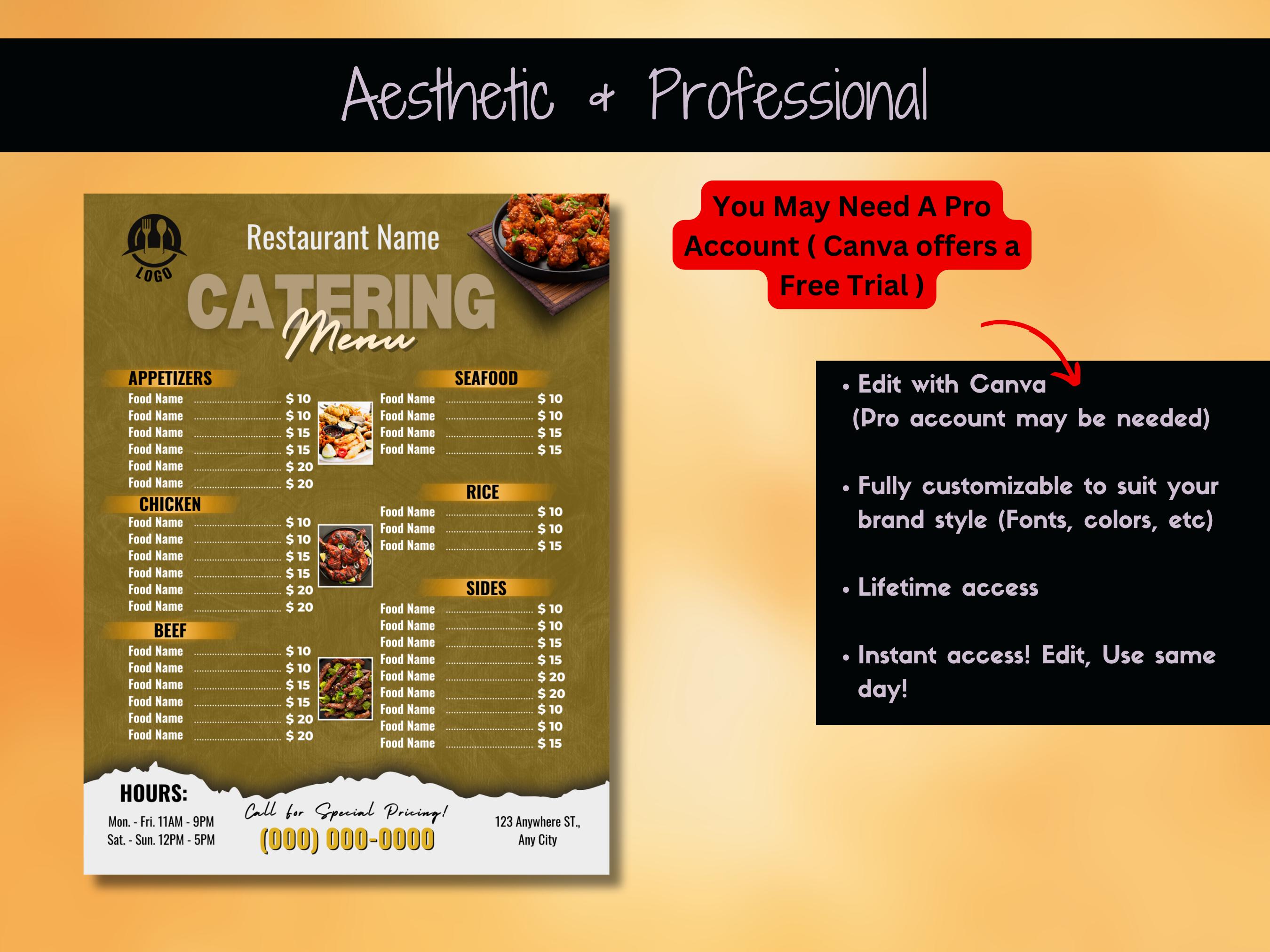 Printable Catering Menu Template, Restaurant Event Flyer (canva) - Etsy