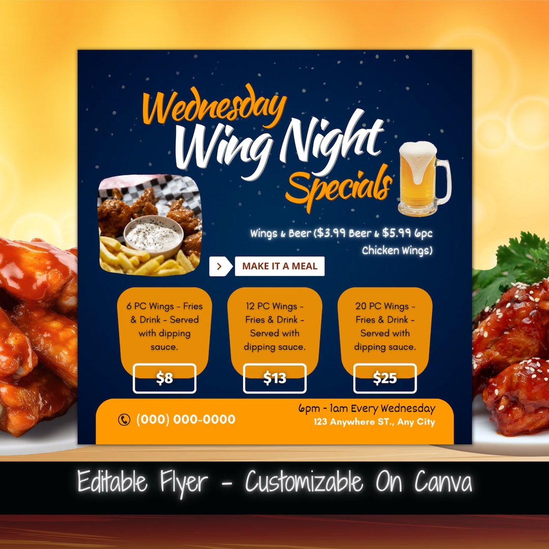 Wing Night Specials Editable Social Media Flyer Template Bar and Grill ...