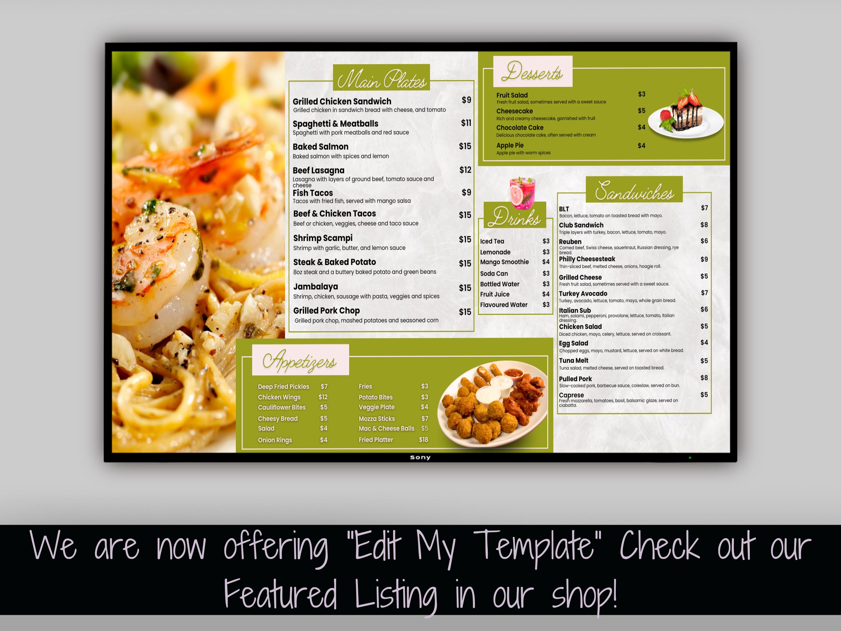 Digital Menu Display Template Static Menu Board Food Menu Monitor ...
