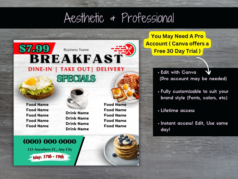 Breakfast Specials Marketing Social Media Flyer Template Editable ...