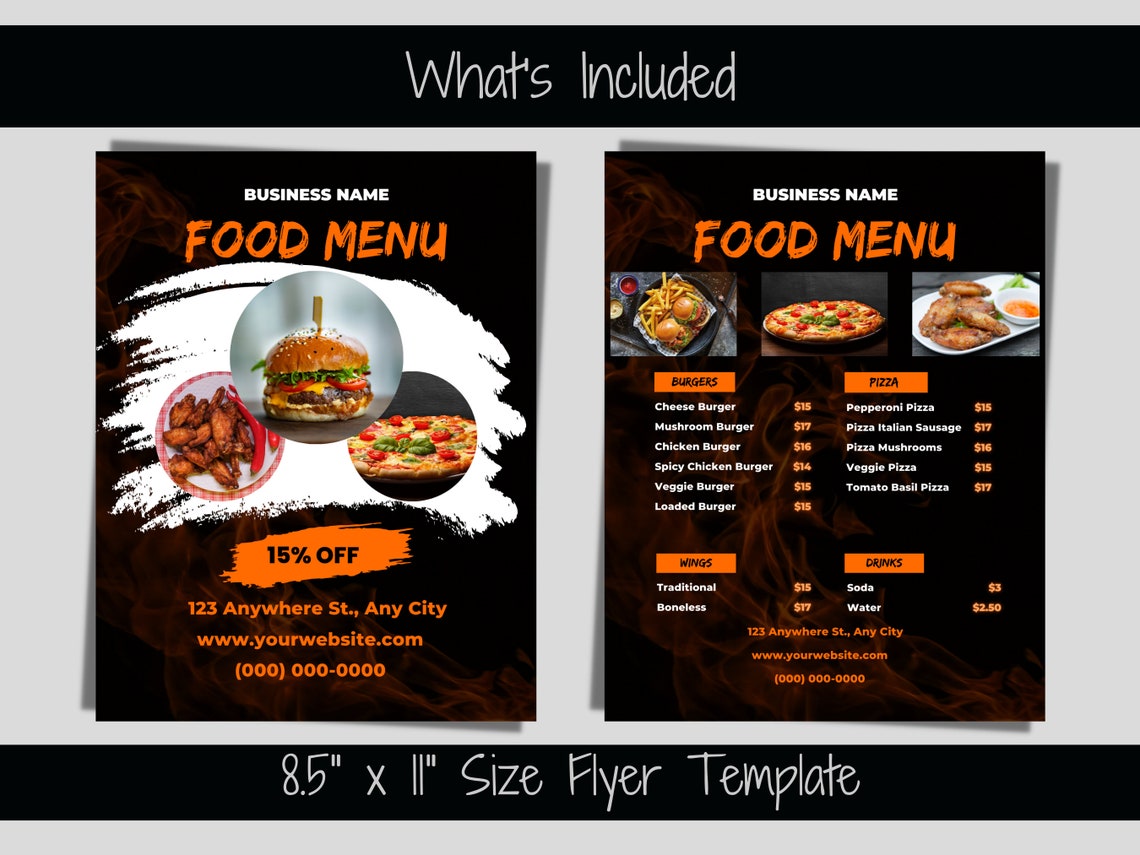Printable Food Menu Flyer Template 2 Sided Food Menu Template - Etsy Canada